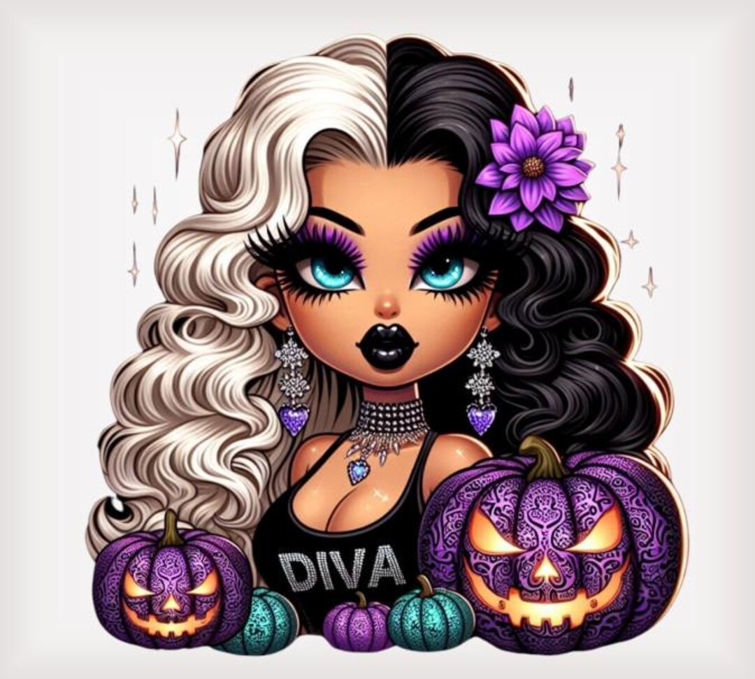 Halloween Diva Digital Art Print, Cute Witch Girl With Pumpkins, Spooky ...