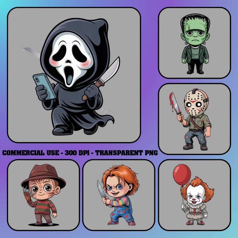 12 Designs Bundle, Chibi Horror Villans Monster Clipart, Halloween ...