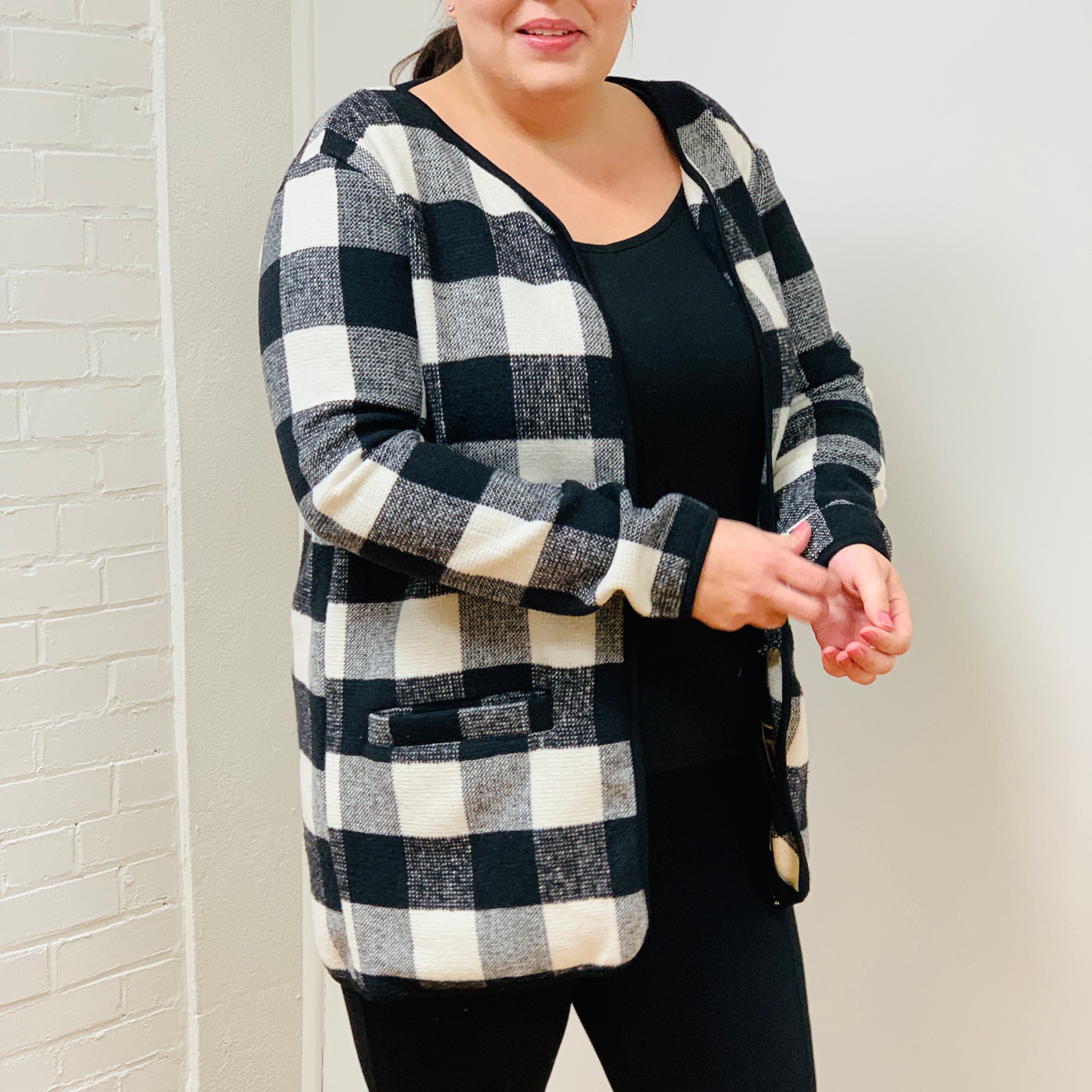 Black and White Buffalo Check Open Front Jacket With No - Etsy