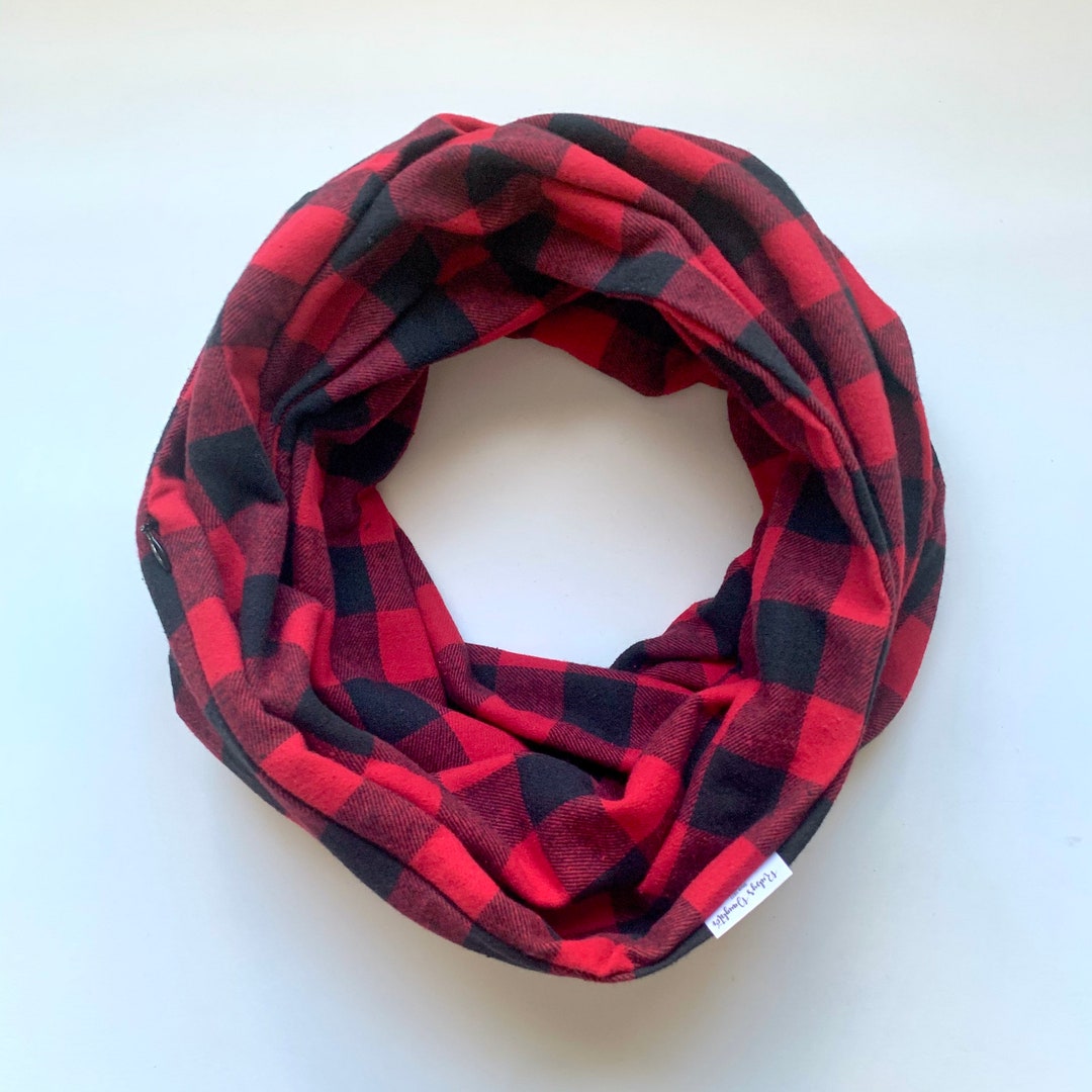 Red and Black Buffalo Check Double Loop Scarf With Secret Zipper Pocket ...