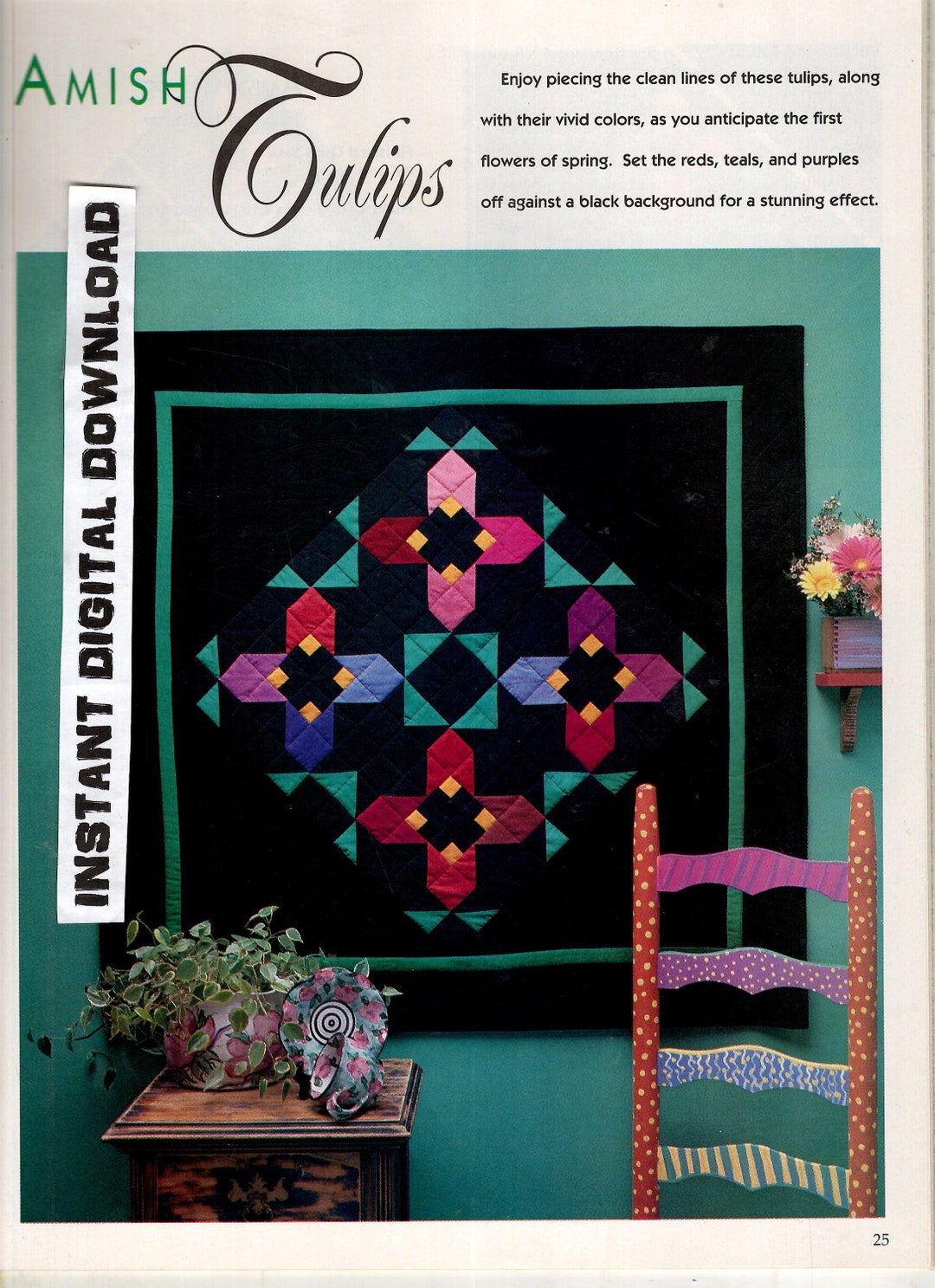 1997 Quilting Pattern, Amish Tulips, Full Size Pieces, 44 Inches Square ...