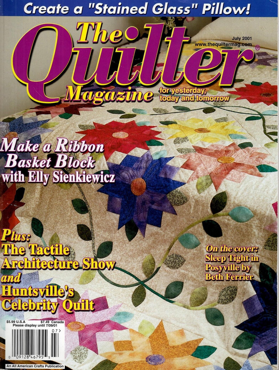 July 2001, the Quilter Magazine, Ribbon Basket Block, Stained Glass ...