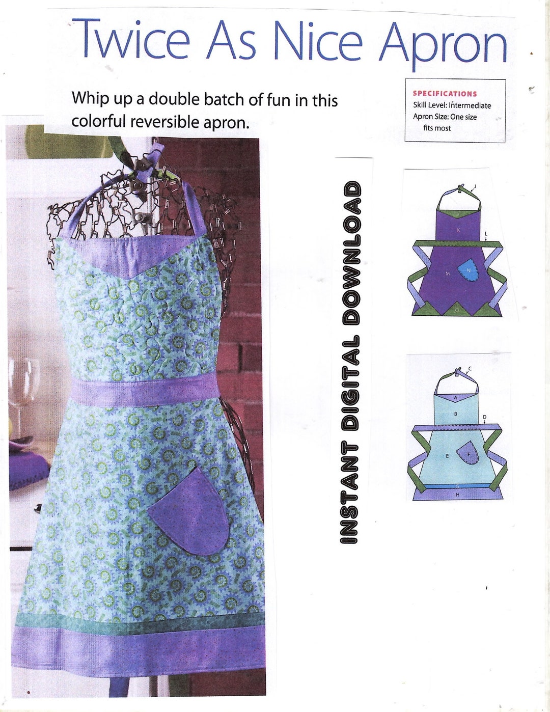 Reversible Apron, Quilting Pattern, Sewing, Pocket, Ladies One Size ...