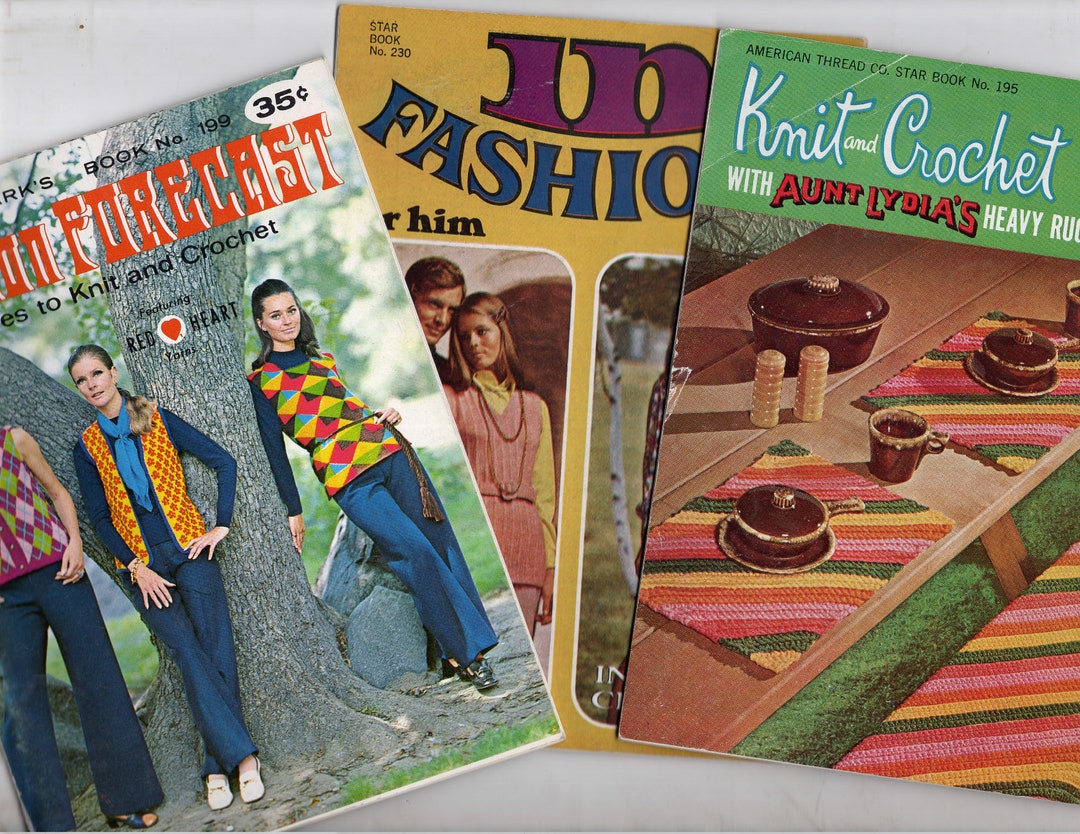 3 70s Pamplets Knit, Crochet, 1 Heavy Rug Yarn, 2 Fashions, Him or Her ...