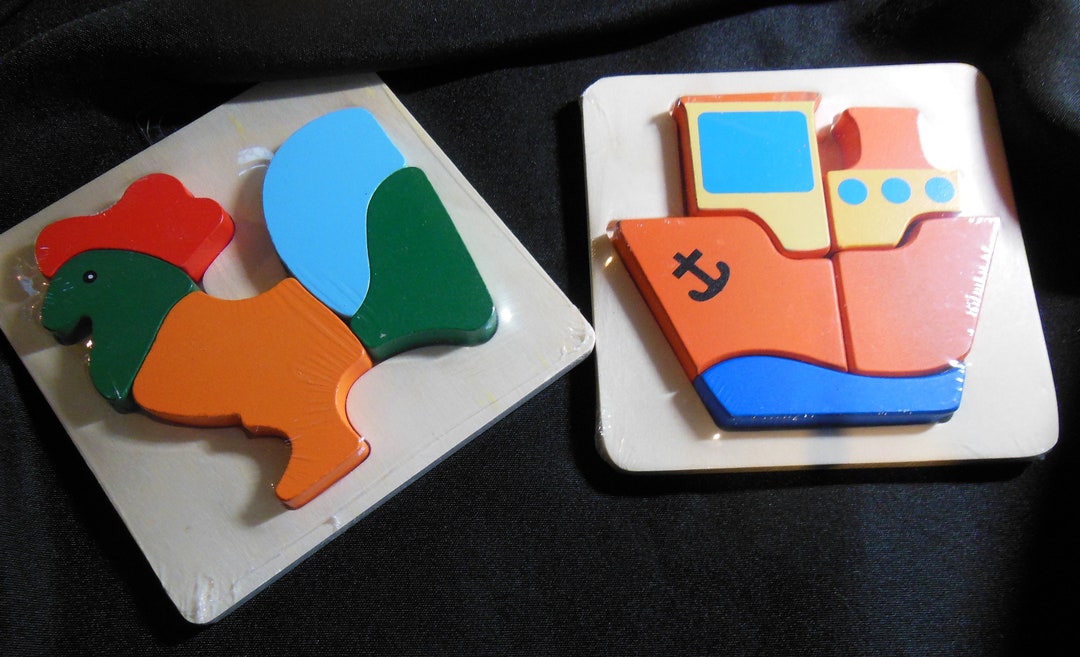 2 New Wooden Puzzles, a Rooster, a Tugboat, Have Fun Learning, 5 Piece ...