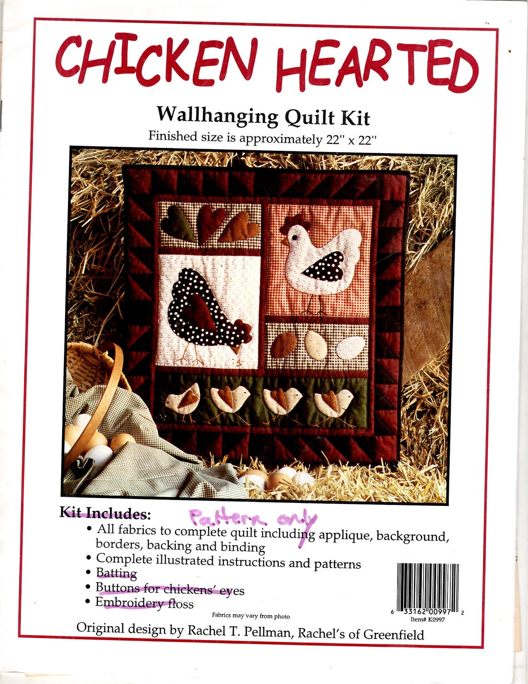 Vintage Quilt Pattern, Chicken Hearted, 22 by 22 Inches, Full Instructions, Uncut Patterns ...