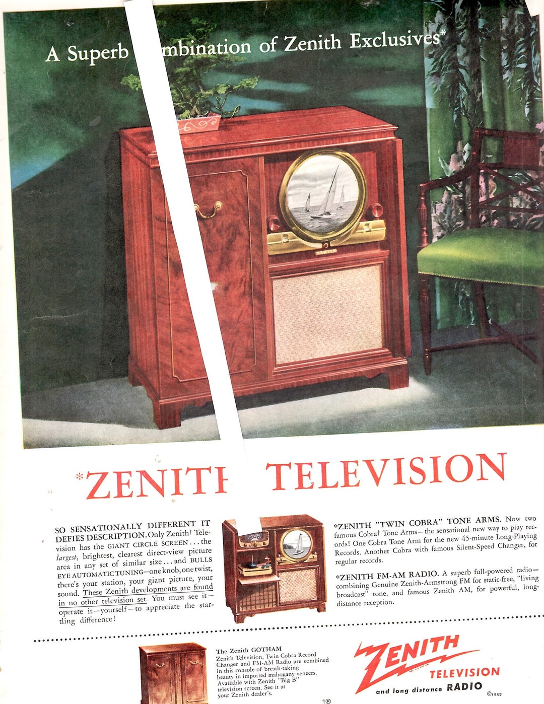 Vintage 1951 Ad, Zenith, TV, Record Player, Tiny Round Screen, Great ...