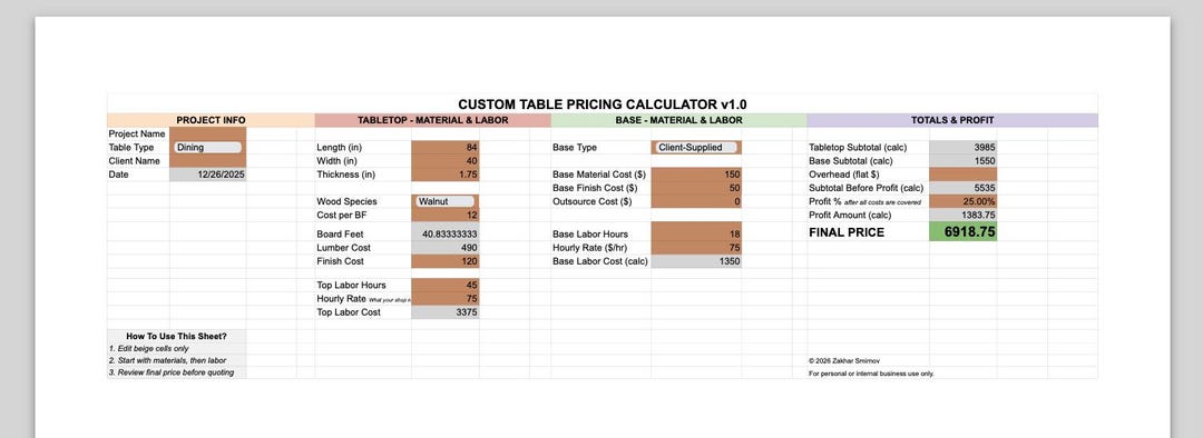 Custom Table Pricing Calculator | Woodworking Cost & Profit Spreadsheet ...