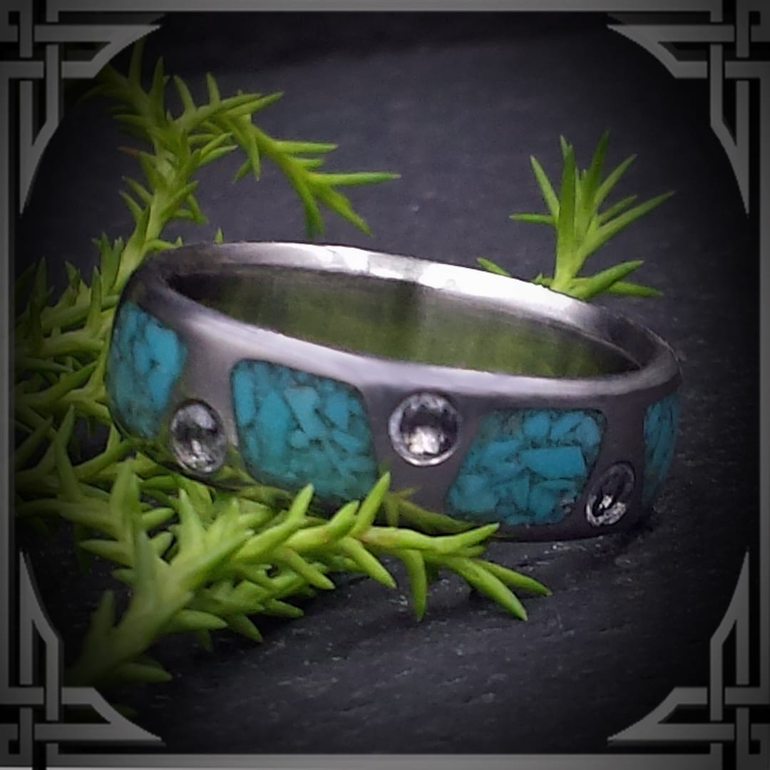 Titanium Ring, Turquoise Inlay, White Sapphire Accents - Etsy