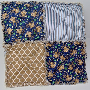 Blue Monkey Rag Quilt- 61" X 51" Large Handmade Rag Quilt - Christmas ...