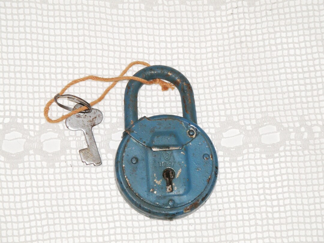 1950s Blue Padlock With Key, Vintage Working Rustic Padlock ...