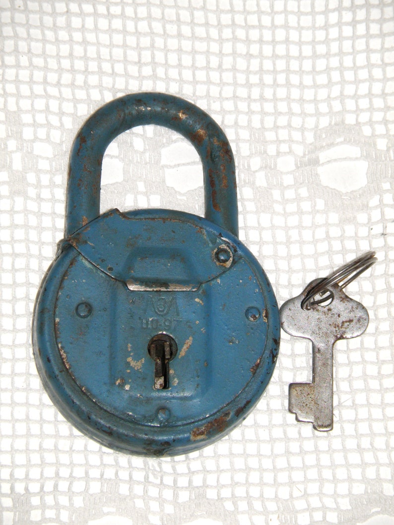 1950s Blue Padlock With Key, Vintage Working Rustic Padlock ...