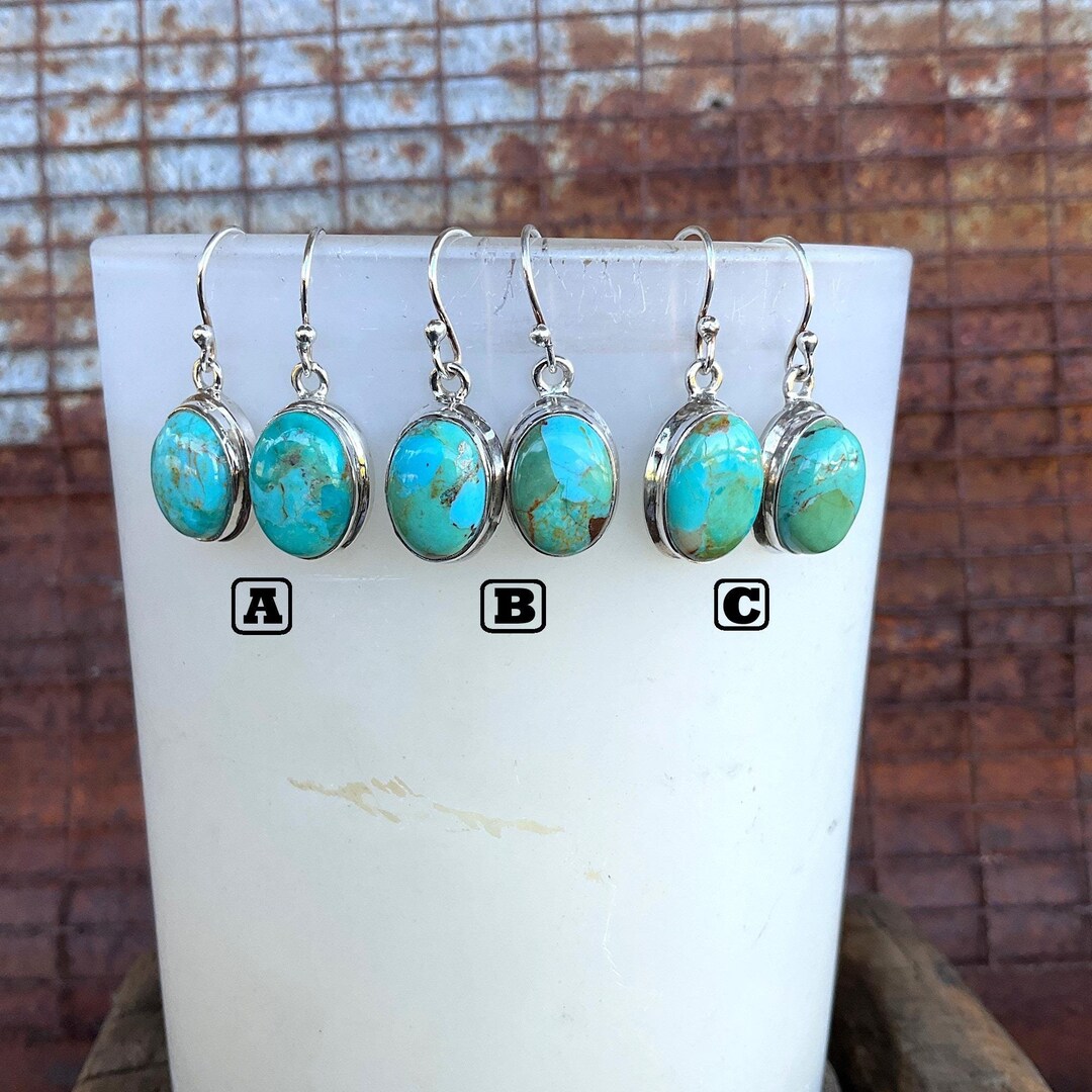 Small Turquoise Earrings, Oval Kingman Turquoise Earrings, Turquoise Dangle Earrings, Blue Green ...
