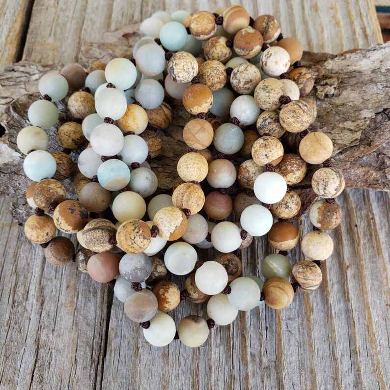 60" Matte Amazonite/picture Jasper Necklace: 8.5mm, Knotted, Natural ...