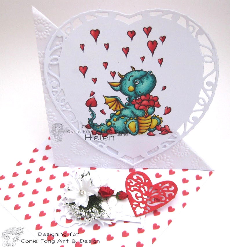 Digital Stamp, Digi Stamp, Digistamp, Tori the Dragon-raining Hearts ...