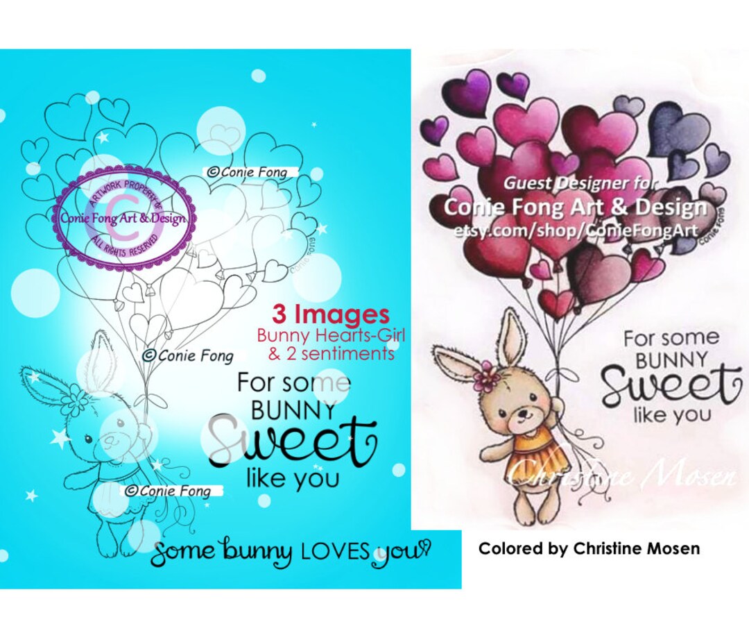 Digital Stamp, Digi Stamp, Digistamp, Bunny Hearts Girl by Conie Fong ...