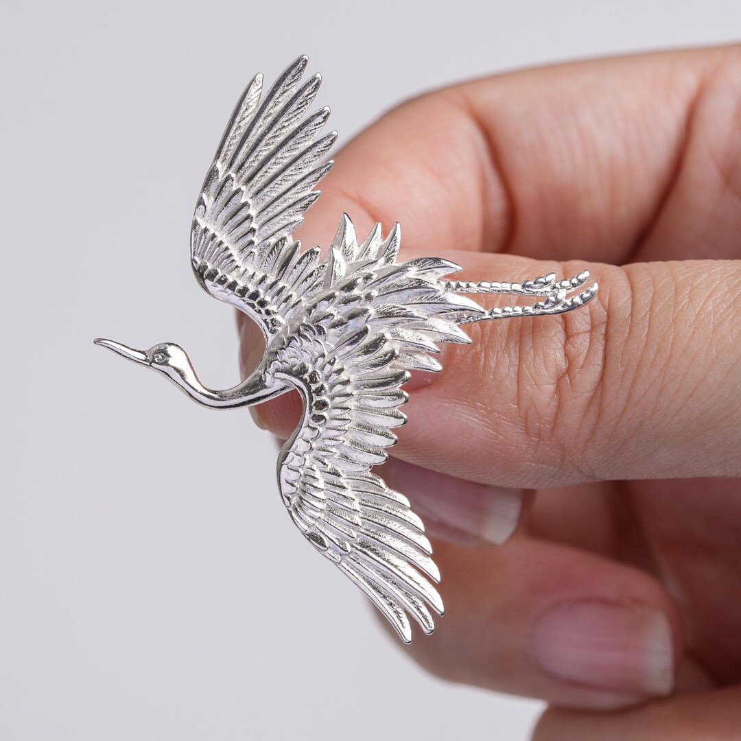Crane Brooch, Handcrafted 925 Silver Bird Brooch, Artisanal Bird ...
