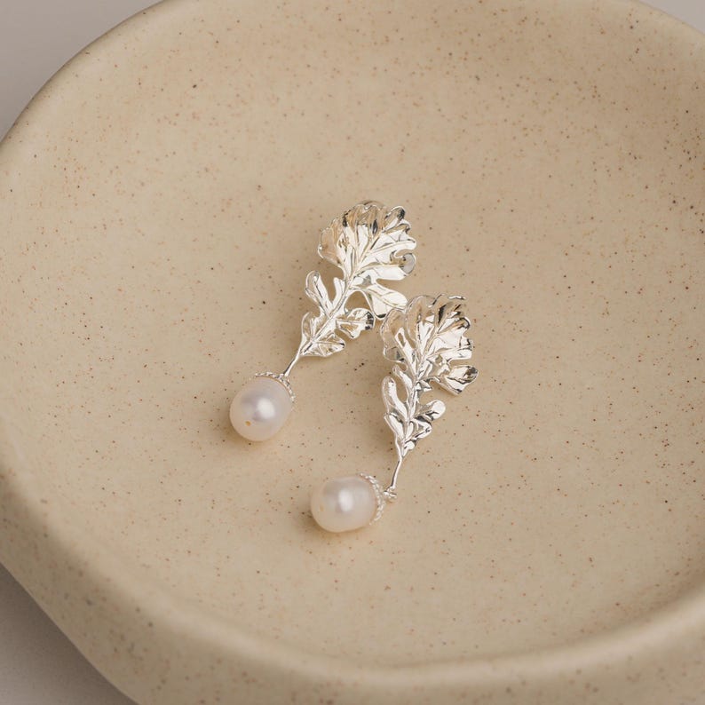 Oak Leaf and Acorn Pearl Drop Earrings – Fall Nature Jewelry for Women ...
