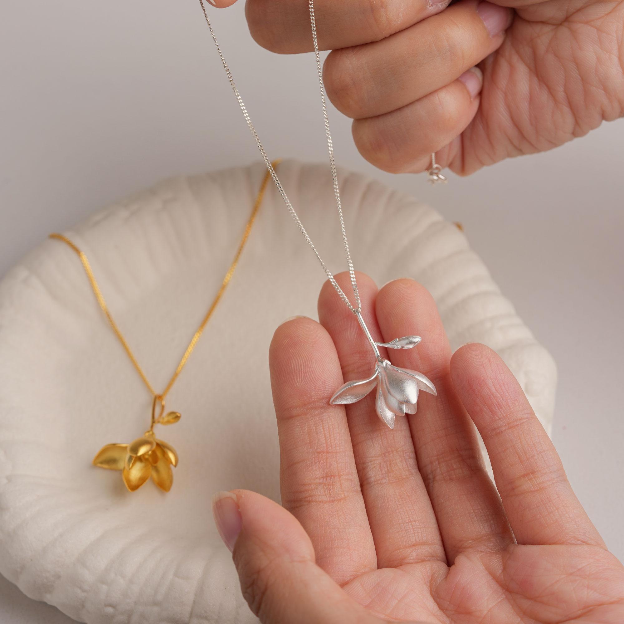 Magnolia Flower Pendant Necklace Gold & Silver, Handmade Blossom ...