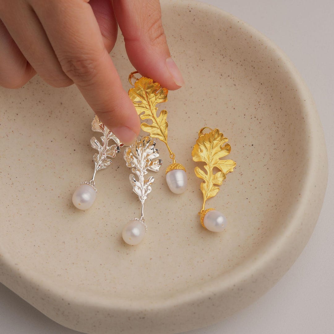 Oak Leaf and Acorn Pearl Drop Earrings – Fall Nature Jewelry for Women ...