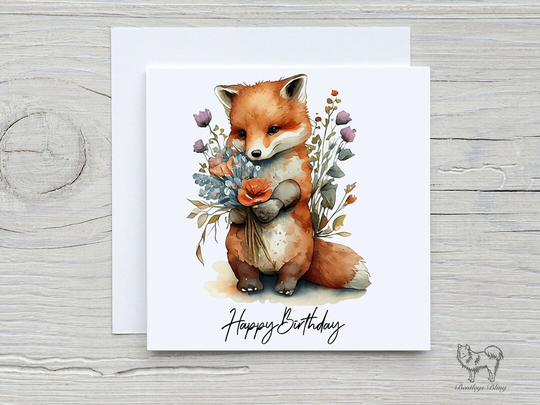 Cute Fox and Poppies Birthday Card, Fox Card, Cute Fox Birthday Card ...