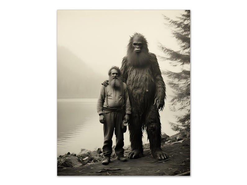 Sasquatch Bigfoot and Logger at Mountain Lake 1910 Photo Style ...