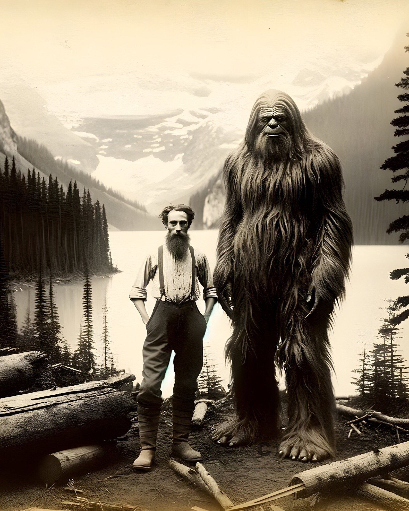 Sasquatch Bigfoot Photo With Logger Friend Mountains Art Print, Big ...