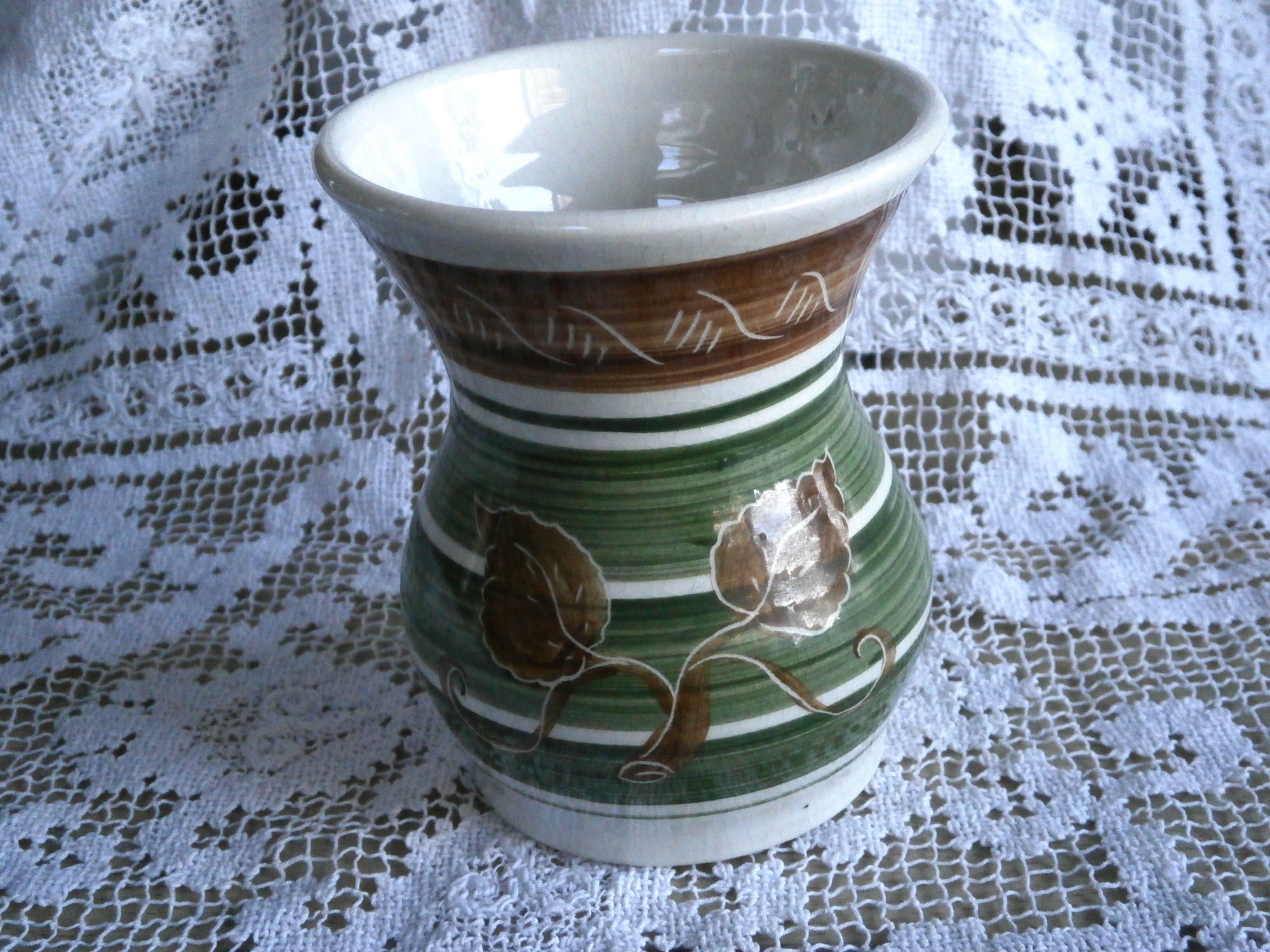 Welsh Dragon Pottery Rhayader Green & Brown Leaf Design Vase | Etsy