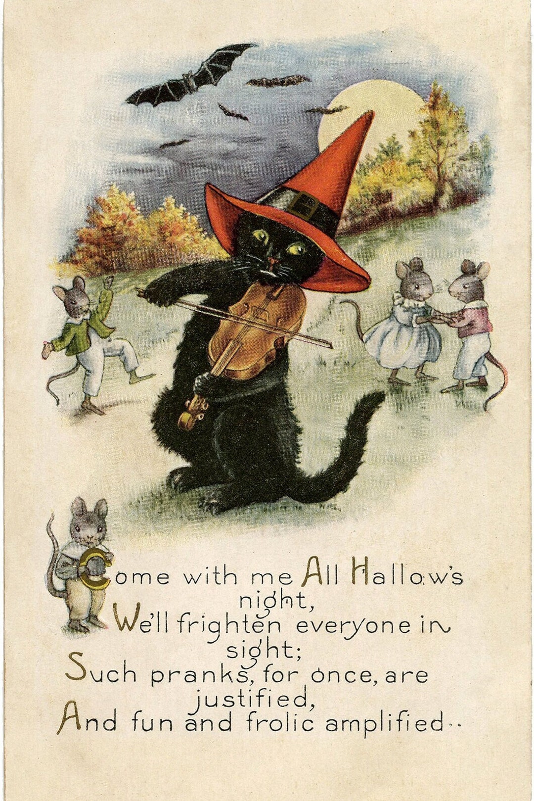 Halloween, Black Cat Witches, Trick or Treat, All Hallows Eve, Postcard ...