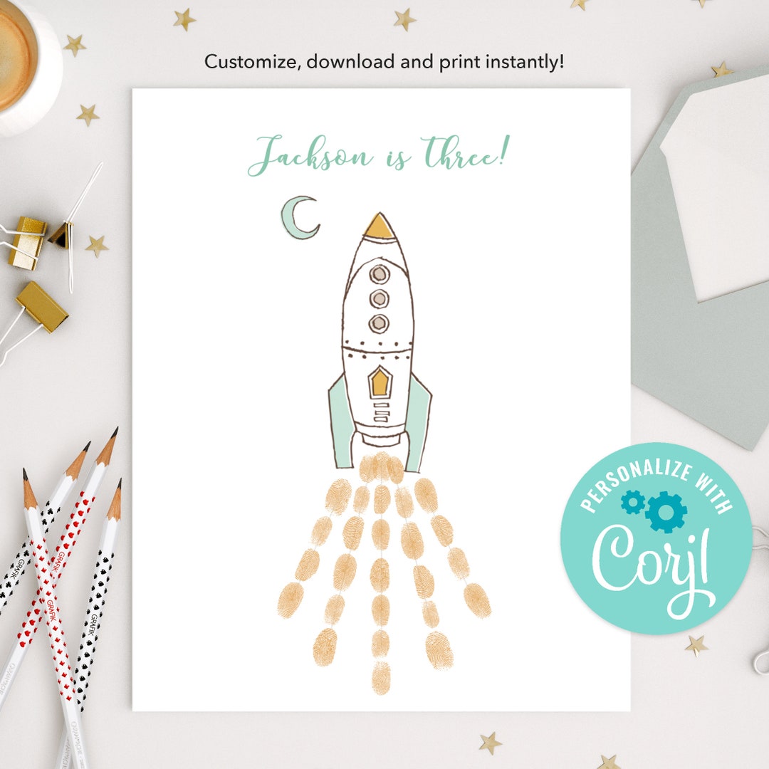 Boy Rocket Ship Fingerprint Guestbook - Birthday Party Thumbprint Sign ...