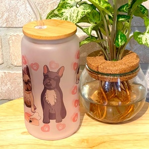 Frenchie Heart 16 Ounce Soda Can Glass With Bamboo Top and Glass Straw ...