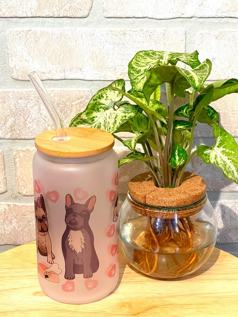 Frenchie Heart 16 Ounce Soda Can Glass With Bamboo Top and - Etsy