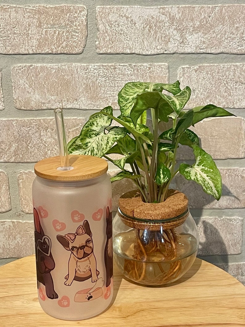 Frenchie Heart 16 Ounce Soda Can Glass With Bamboo Top and - Etsy