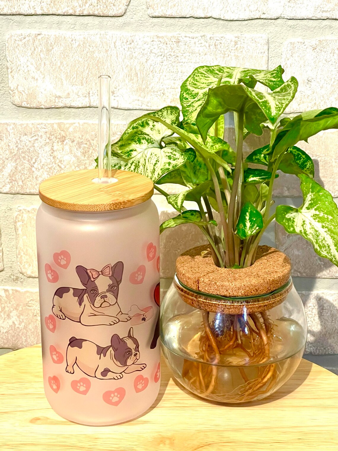 Frenchie Heart 16 Ounce Soda Can Glass With Bamboo Top and - Etsy