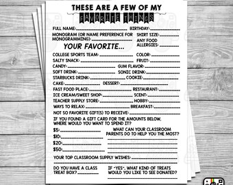 School Favorite Things Back to School Questionnaire Teacher - Etsy