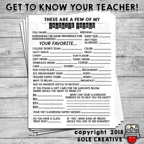Teacher's Favorite Things Printable Teacher Questionnaire - Etsy
