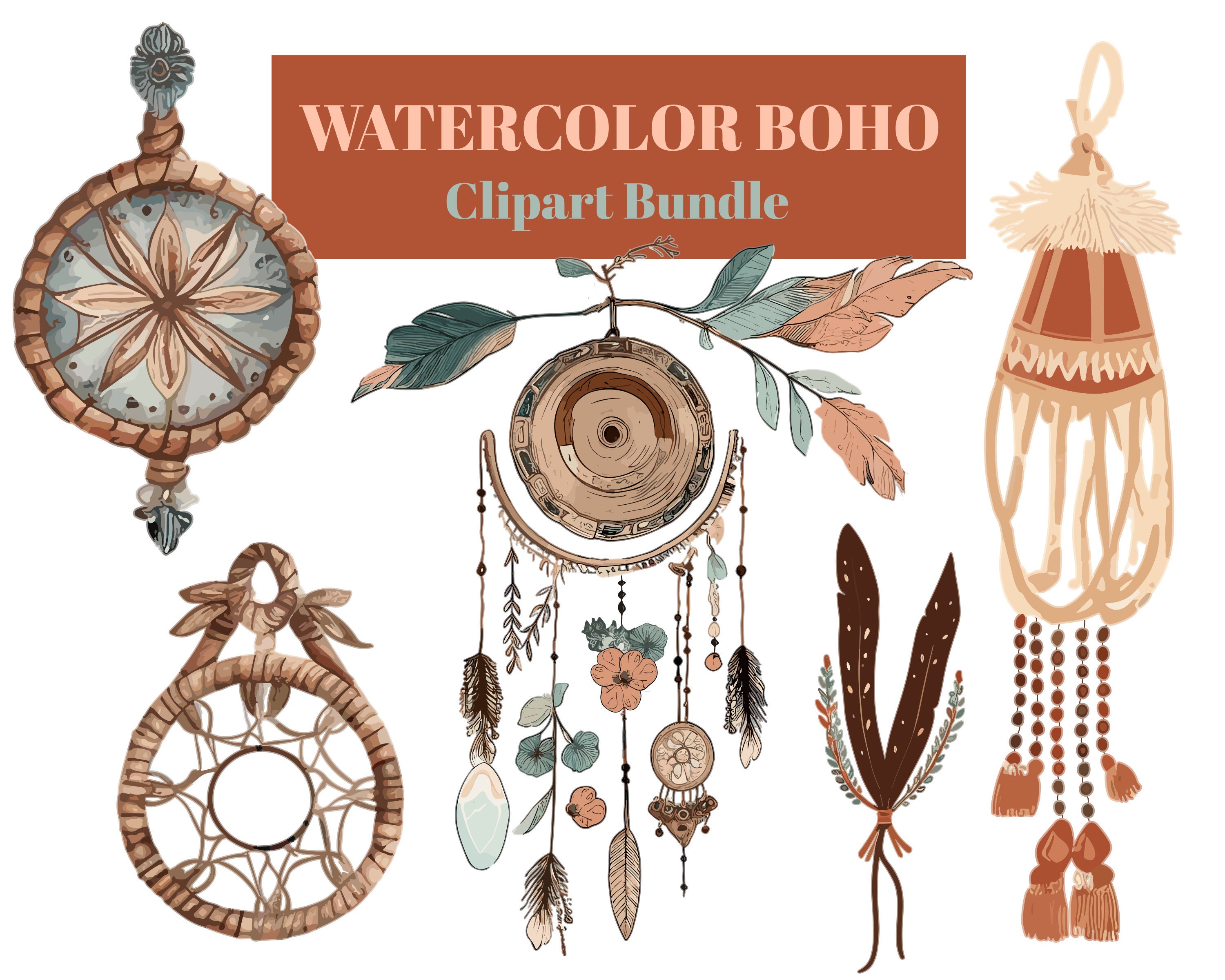 Watercolor Western BOHO Clipart Bundle 20 Transparent PNG - Etsy