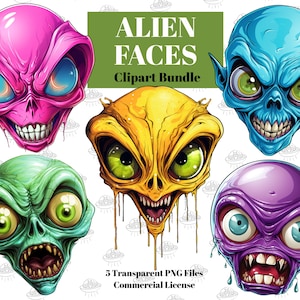 Creepy Alien Faces Clipart PNG Files, Extraterrestrial Clip Art Bundle ...