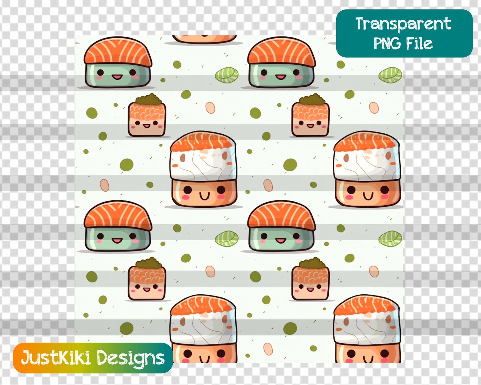 Sushi Digital Paper, Seamless Pattern PNG, Cute Kawaii Sushi ...