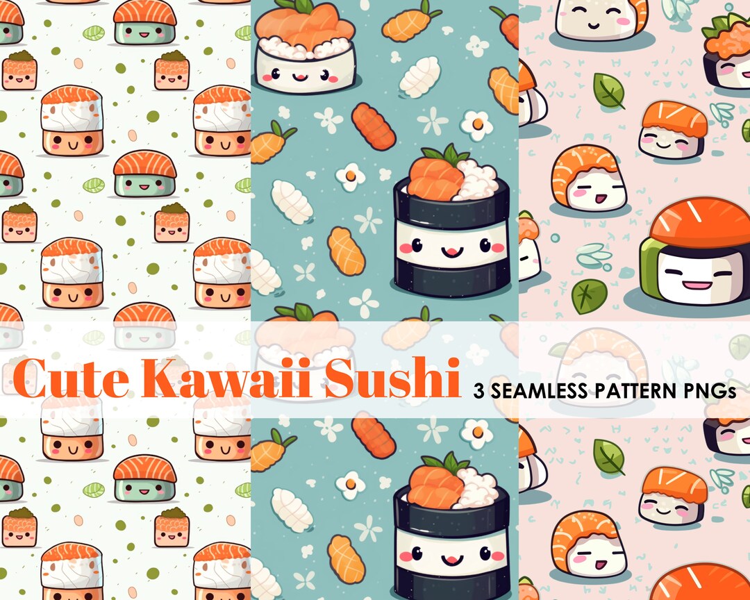 Sushi Digital Paper, Seamless Pattern PNG, Cute Kawaii Sushi ...