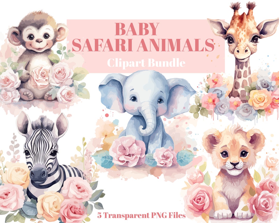 Watercolor Baby Safari Animals Clipart: PNG Bundle (digital Download ...
