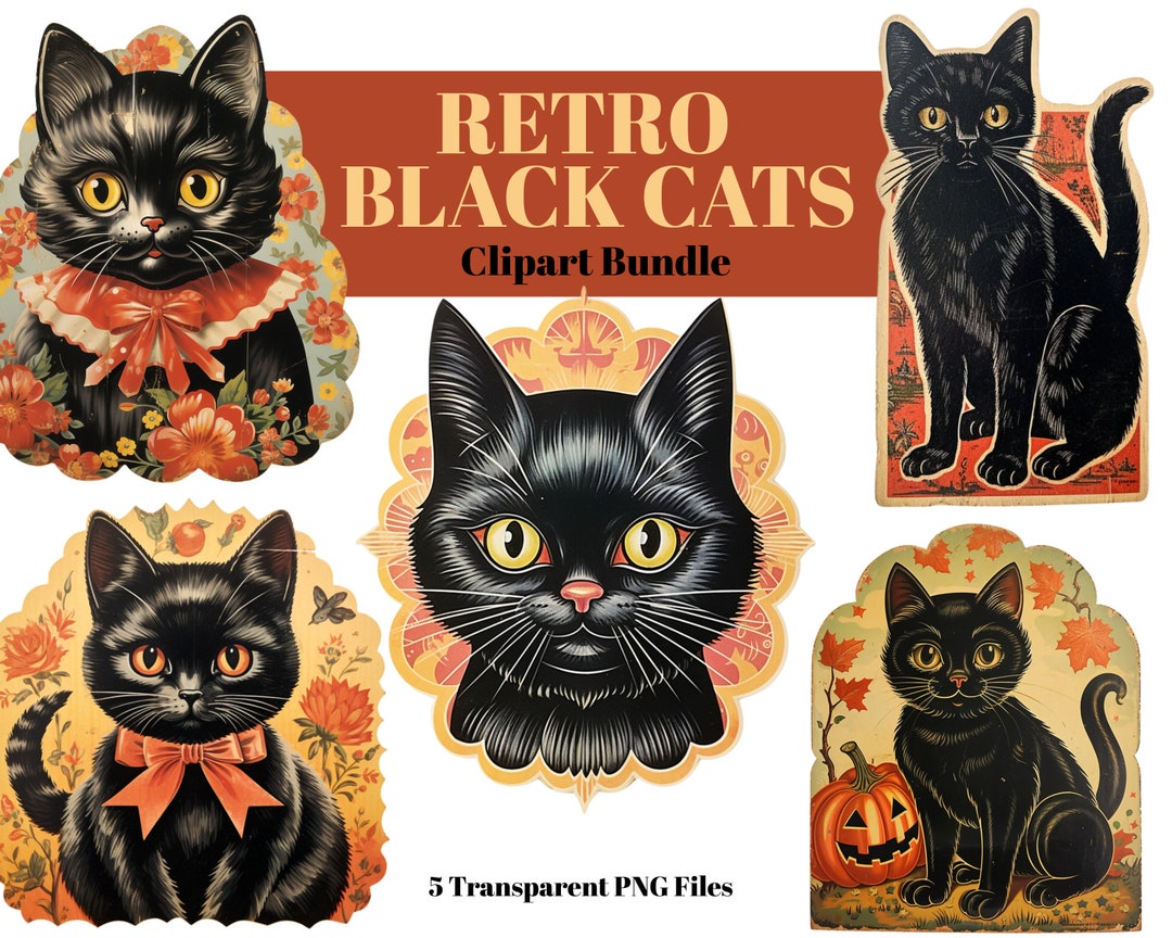 Retro Black Cat Halloween Clipart, Vintage Halloween PNG, Downloadable ...
