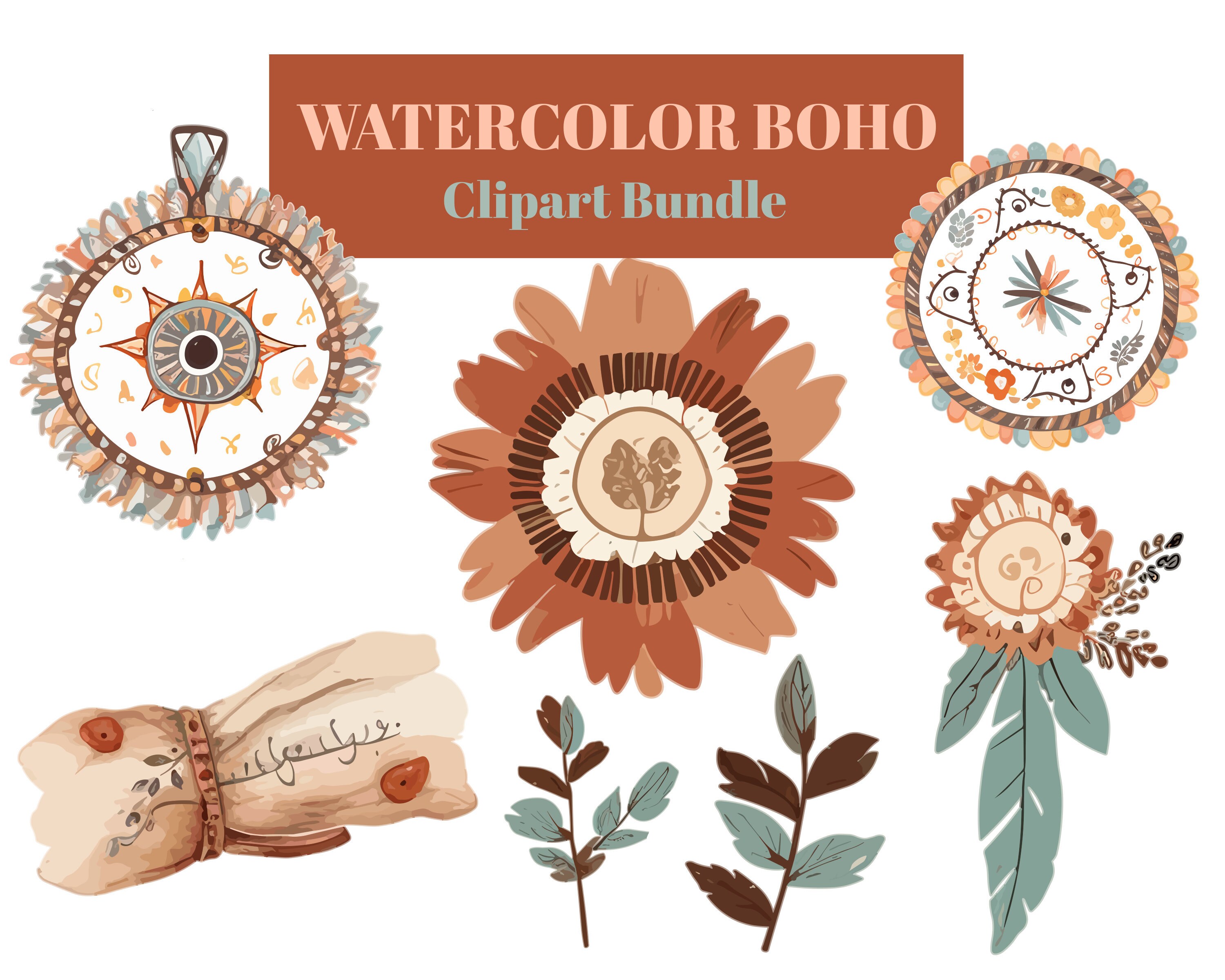 Watercolor Western BOHO Clipart Bundle 20 Transparent PNG - Etsy