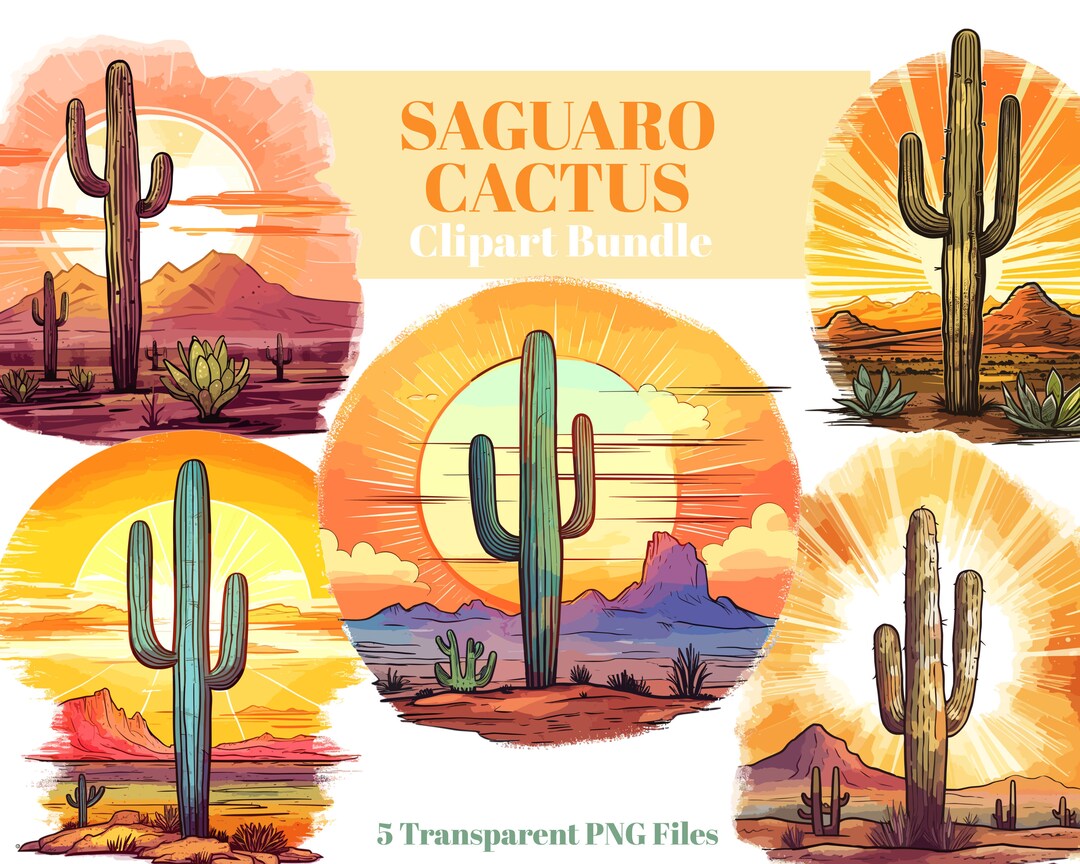 Saguaro Cactus Clipart Bundle, Southwest Desert Sunset Landscape, BOHO ...