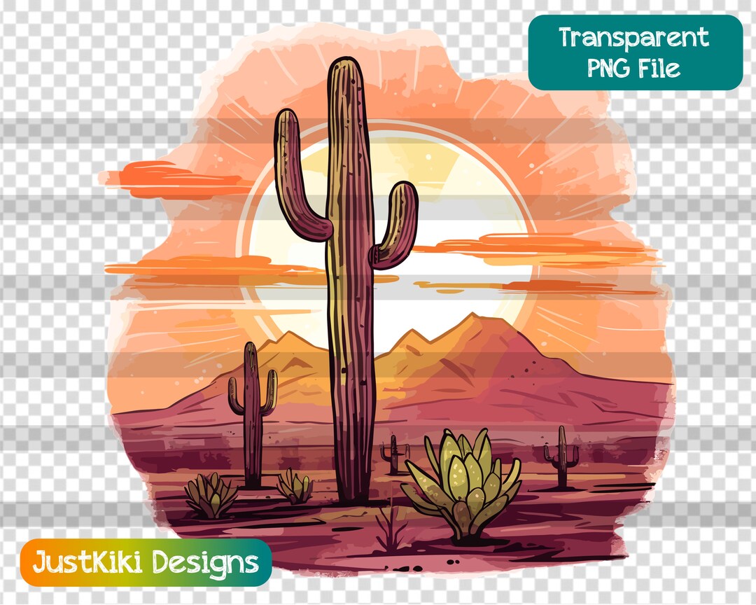 Watercolor Saguaro Cactus PNG, Desert Sunset Clipart, Western Aesthetic ...