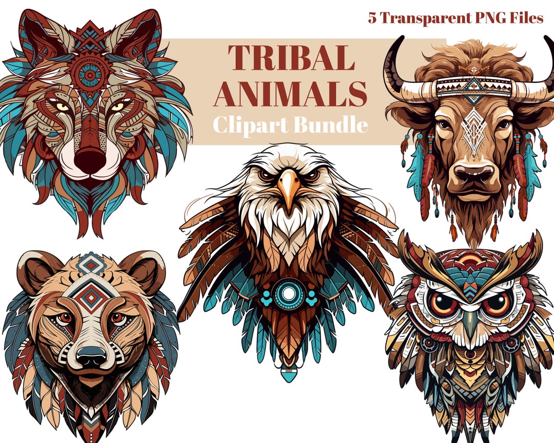 Tribal Animals Clipart PNG Bundle, American Indian Art, Wolf, Bear ...