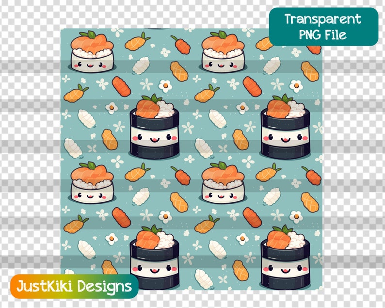 Sushi Digital Paper, Seamless Pattern PNG, Cute Kawaii Sushi ...
