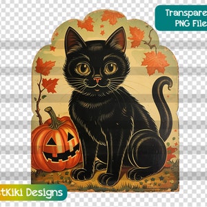 Retro Black Cat Halloween Clipart, Vintage Halloween PNG, Downloadable ...