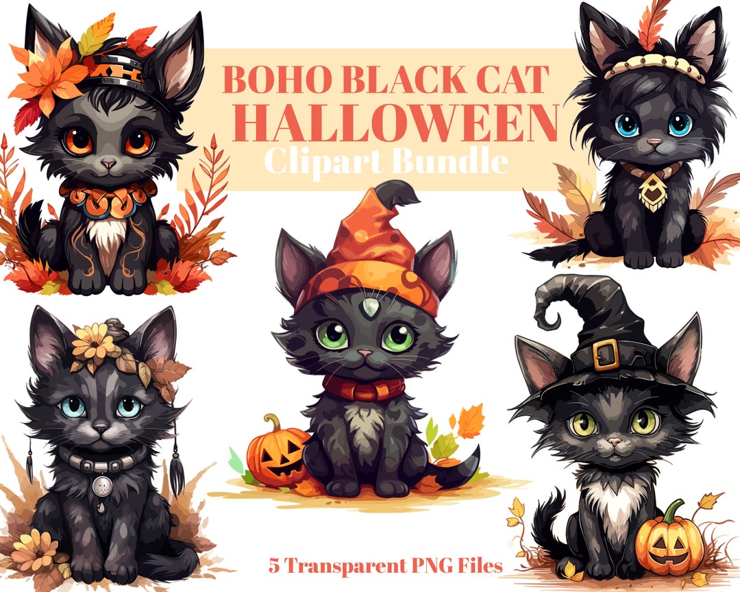 Black Cat Halloween Clipart PNG Files, BOHO Kitten Clip Art ...