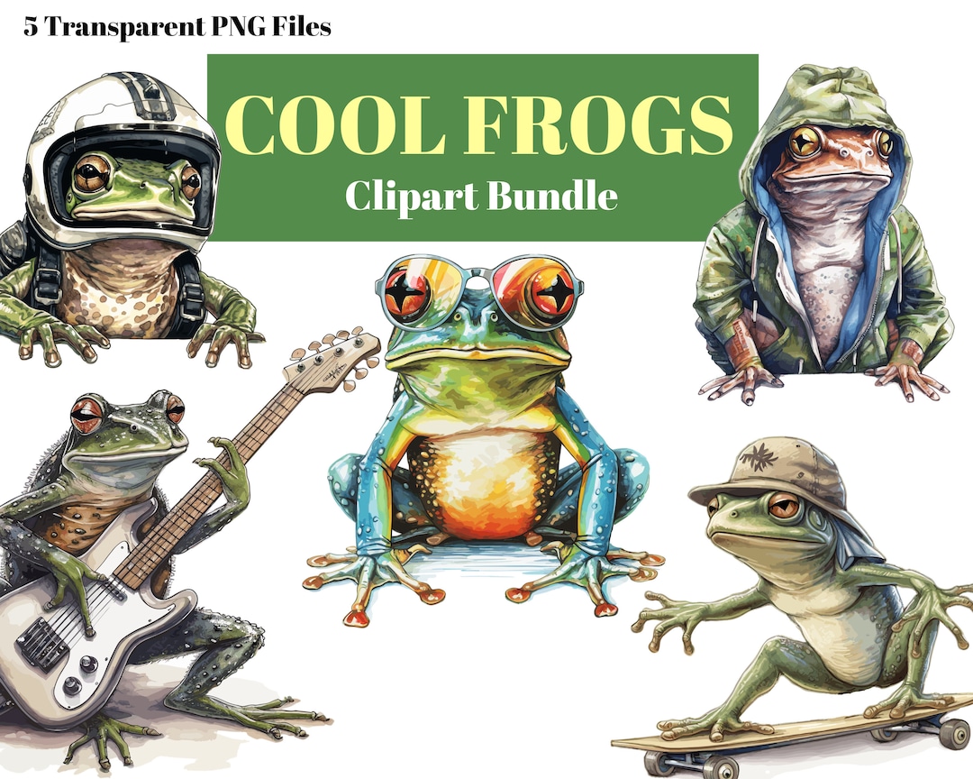 Cool Frogs Clipart Bundle, Includes 5 Transparent PNG Designs, Frog ...